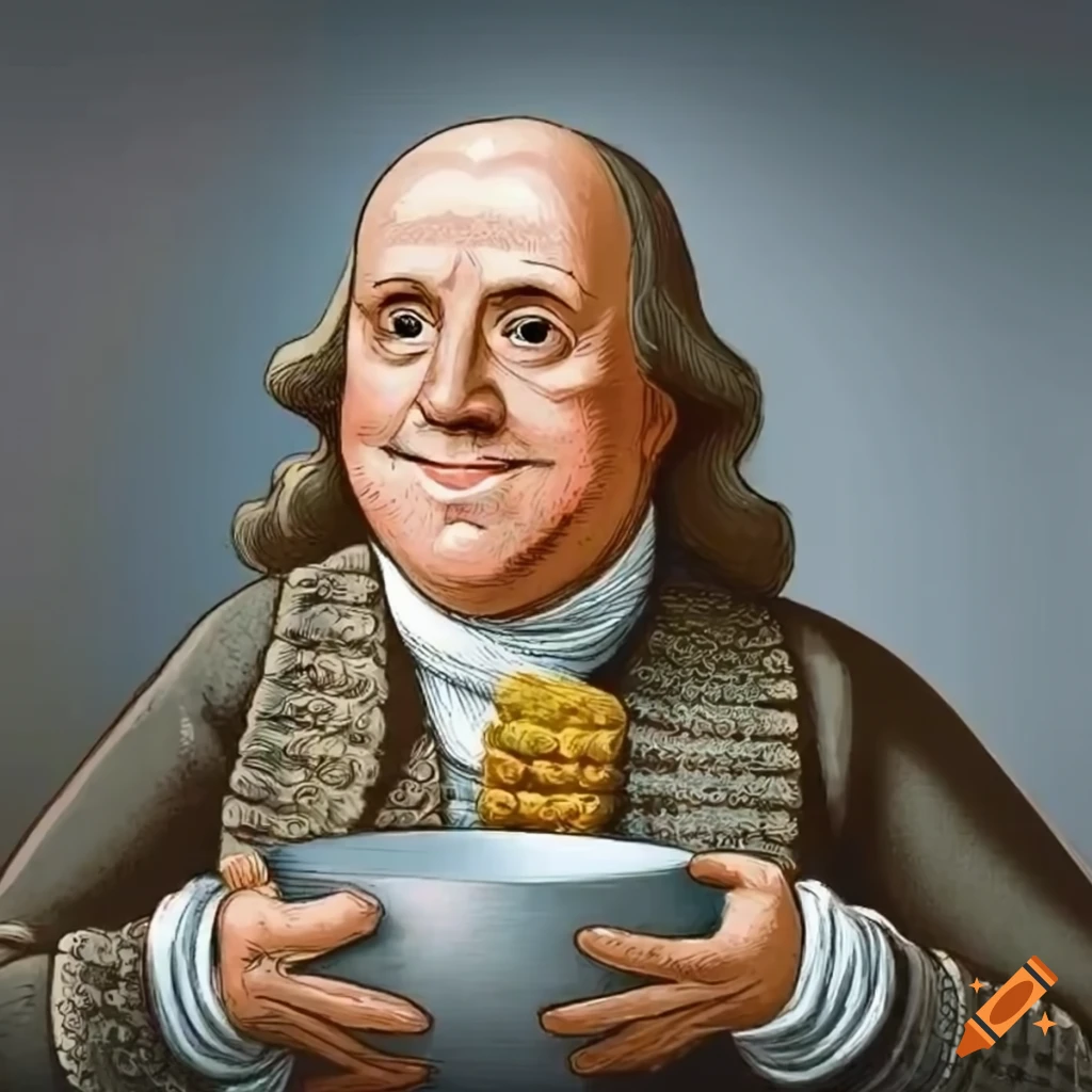 Cartoon of Benjamin Franklin with a bowl of cereal on Craiyon