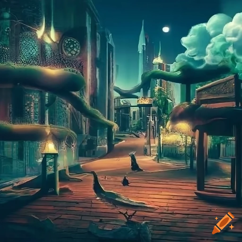 Surrealist urban city with magical elements on Craiyon