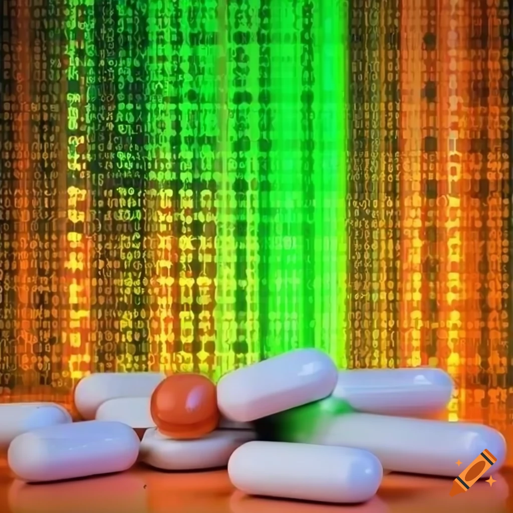 Colorful matrix binary code with white medical pills on Craiyon