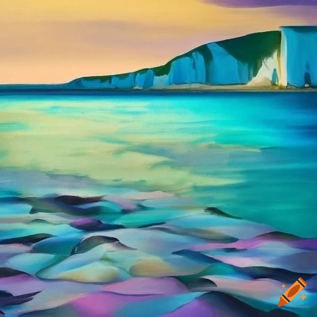 Cubist painting of white cliffs and sea