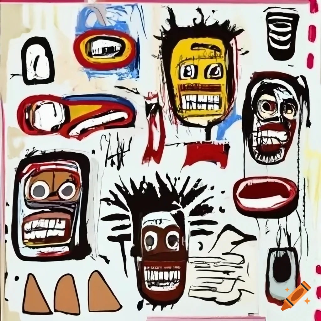 Jean-michel basquiat style illustration with various subjects