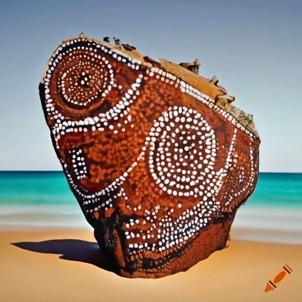 Aboriginal art of a shipwreck on the shore on Craiyon