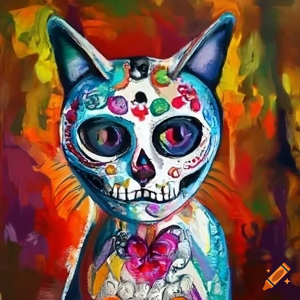 Day of the dead style cat with orange marigolds on Craiyon