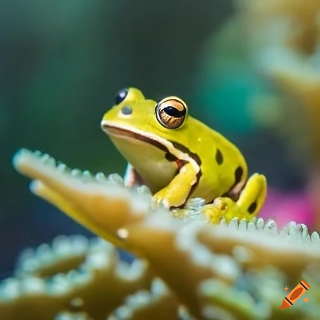 Vibrant coral reef with a swimming frog on Craiyon