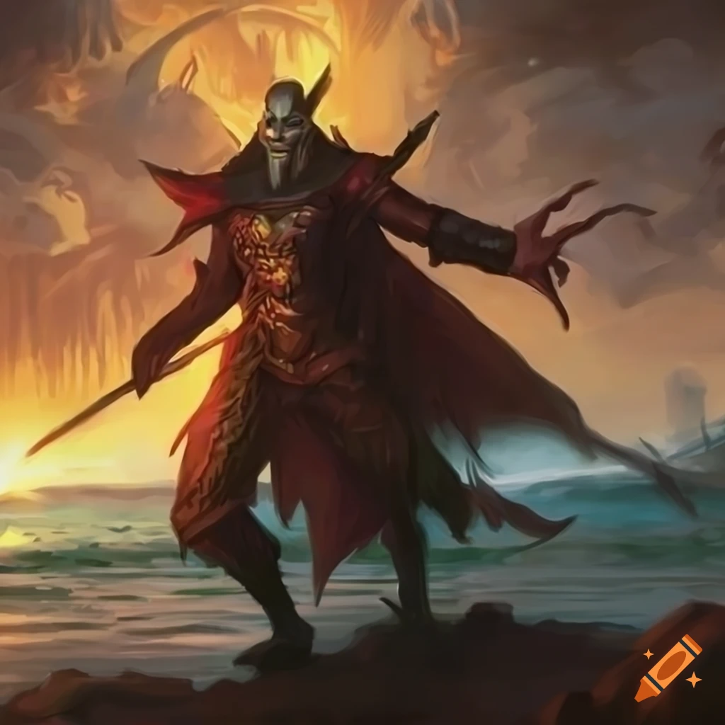 Mtg art black red blue sorcerer with mask on Craiyon