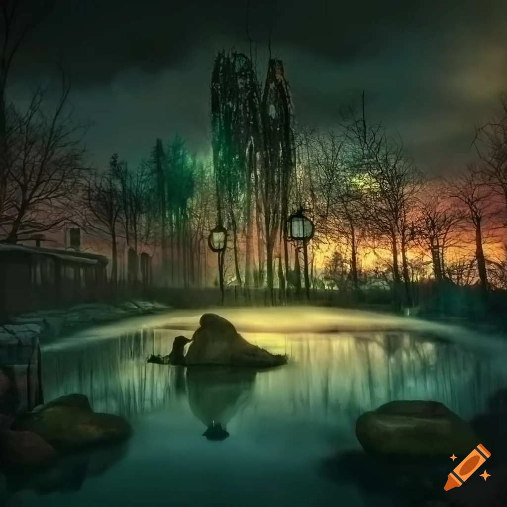 Surreal city park with hybrid creatures and ornamental fence on Craiyon