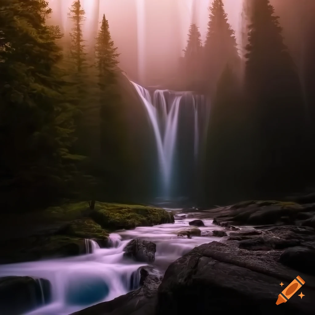 Twilight landscape with dense forest and majestic waterfalls on Craiyon
