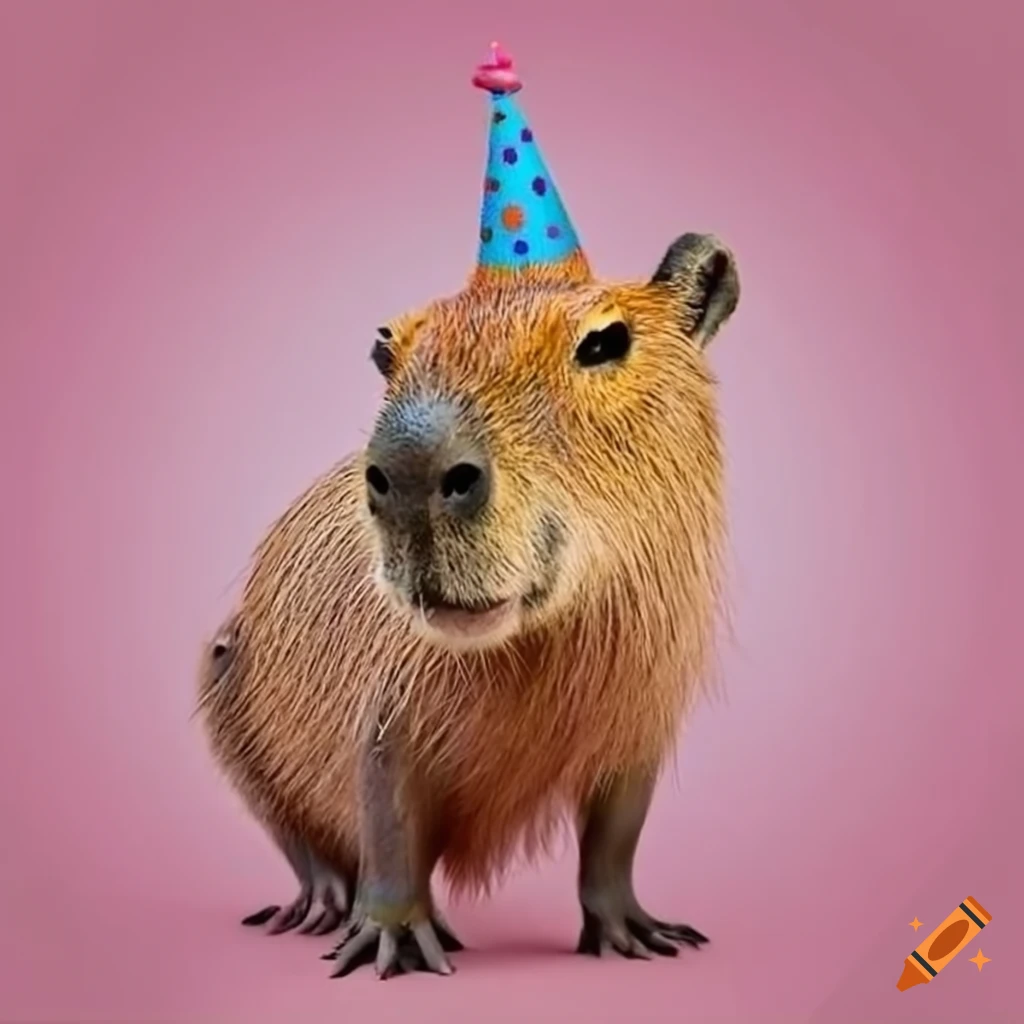 Picture of a capybara wearing a party hat and holding a gift on Craiyon