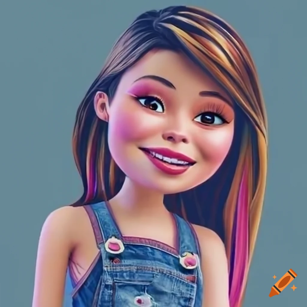 Cartoon drawing of Miranda Cosgrove in denim overall bibs and tank top ...