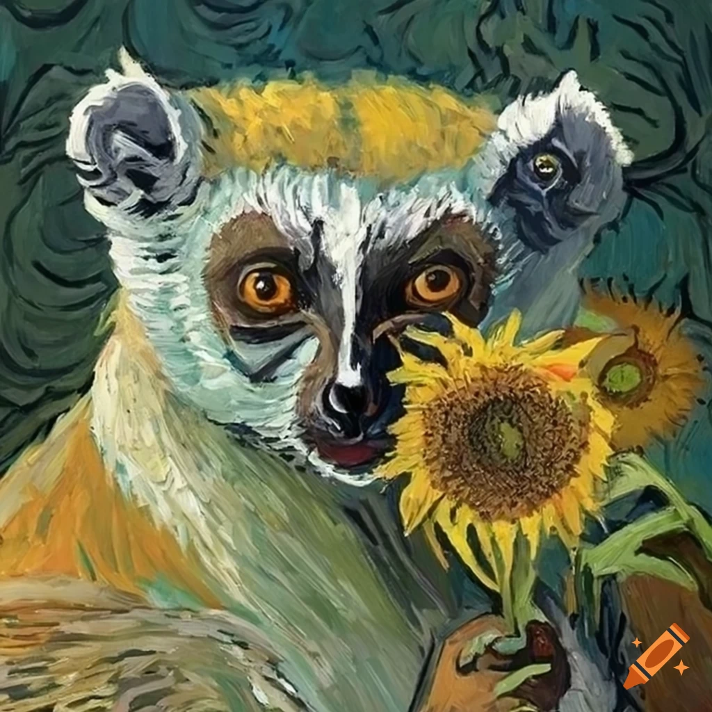Van gogh's painting of a grumpy lemur with sunflowers