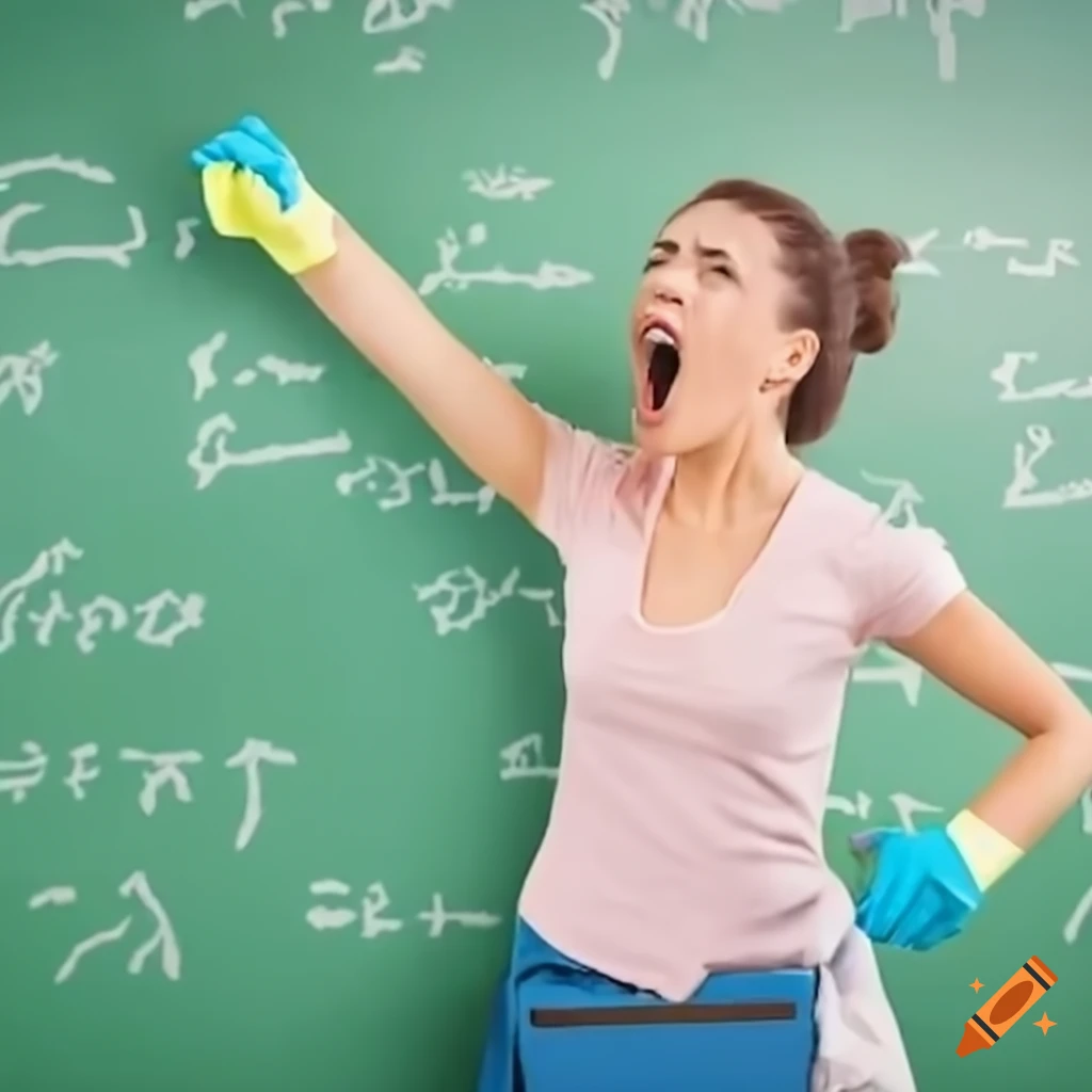 Humorous image of a cleaner lady yelling at a math board on Craiyon