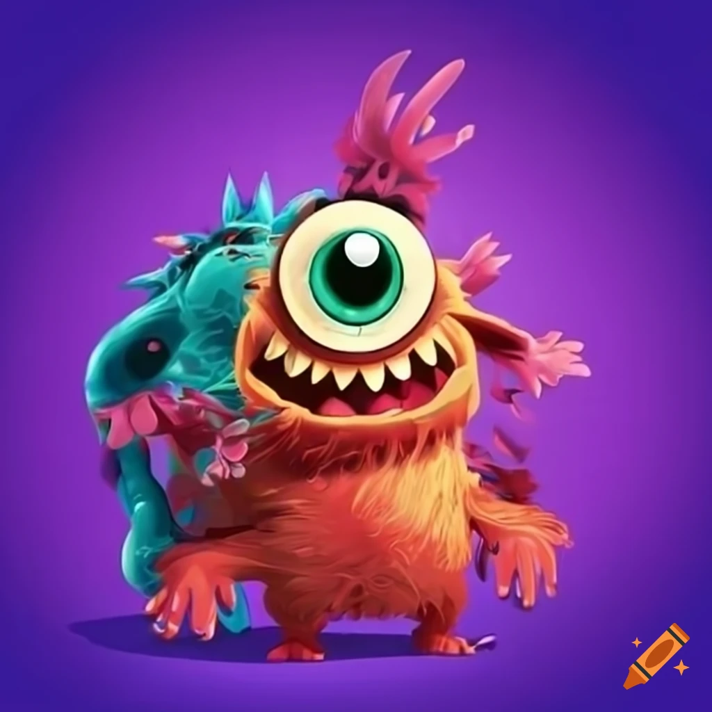 Cute green monster, sharp teeth, white horns, four toes, white eyes on ...