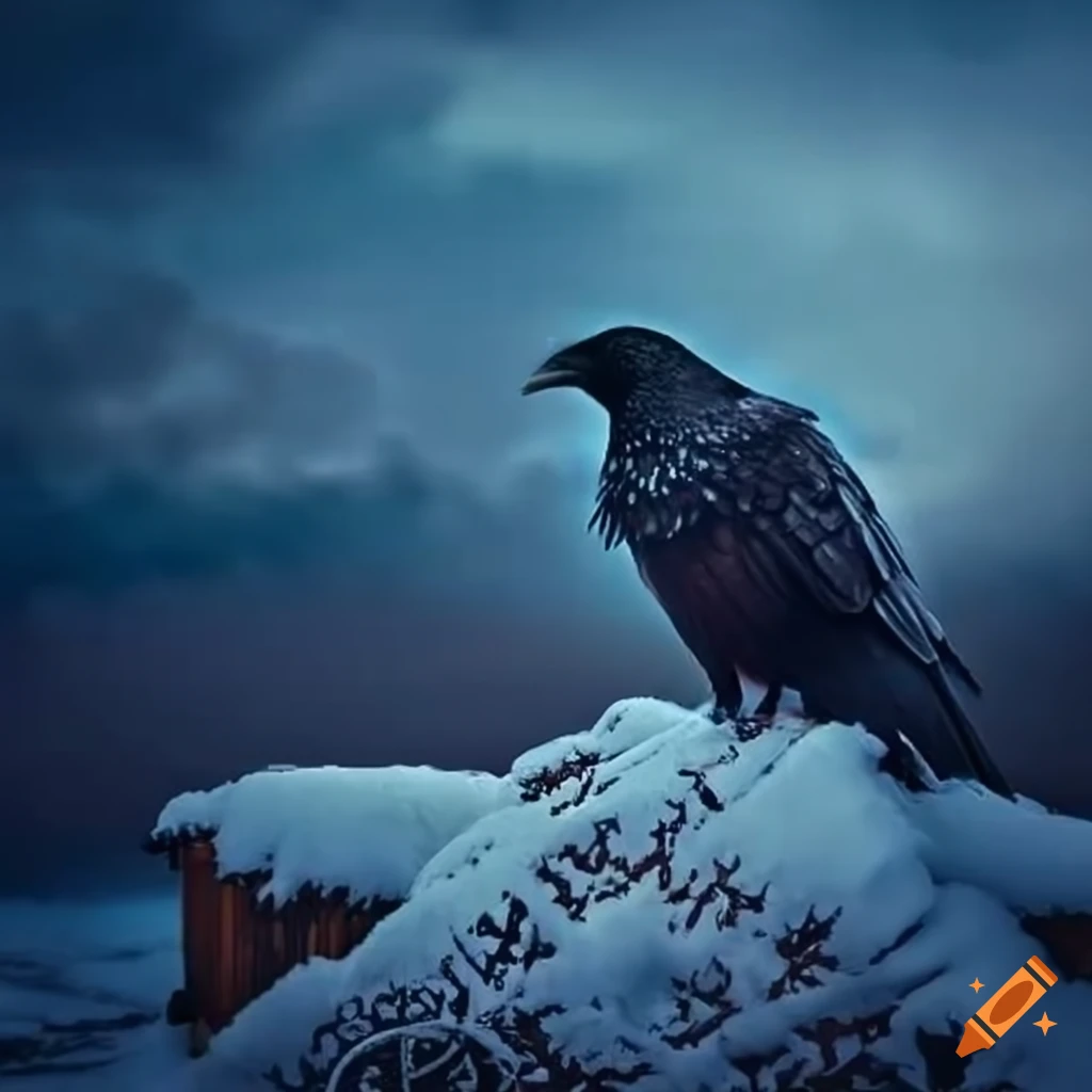 Vivid image of a viking raven in a snowy battlefield with norse writing ...