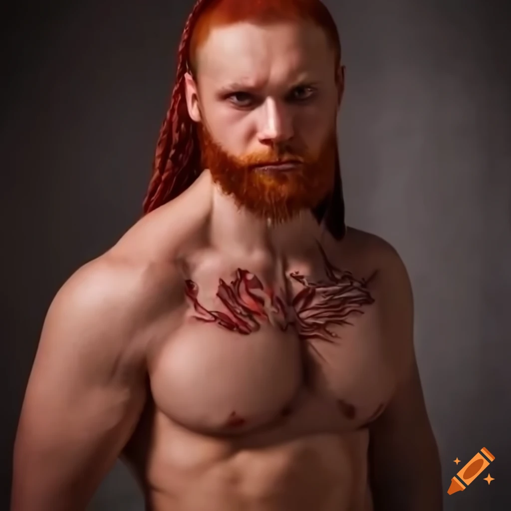 Portrait of a muscular fighter with red hair and beard