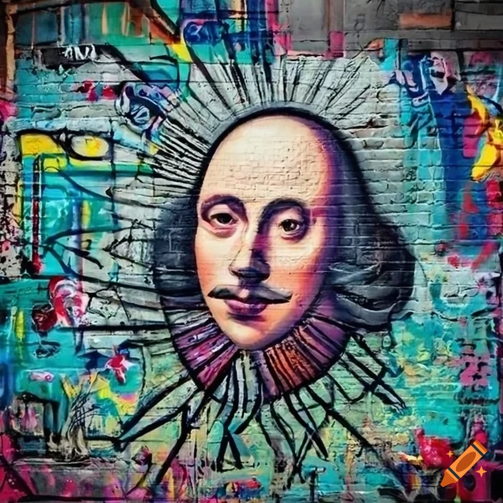 Colorful street art graffiti of Shakespeare's portrait on a wall on Craiyon