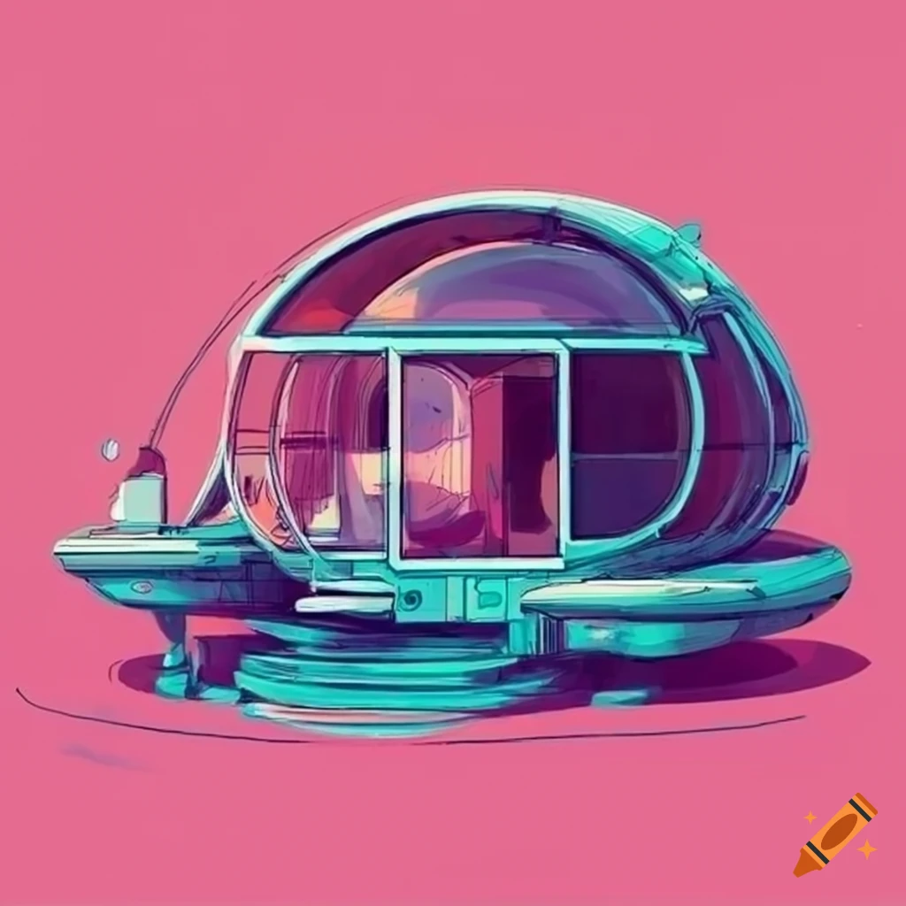 Retro futurism technical drawing of a living pod with landing gear on ...