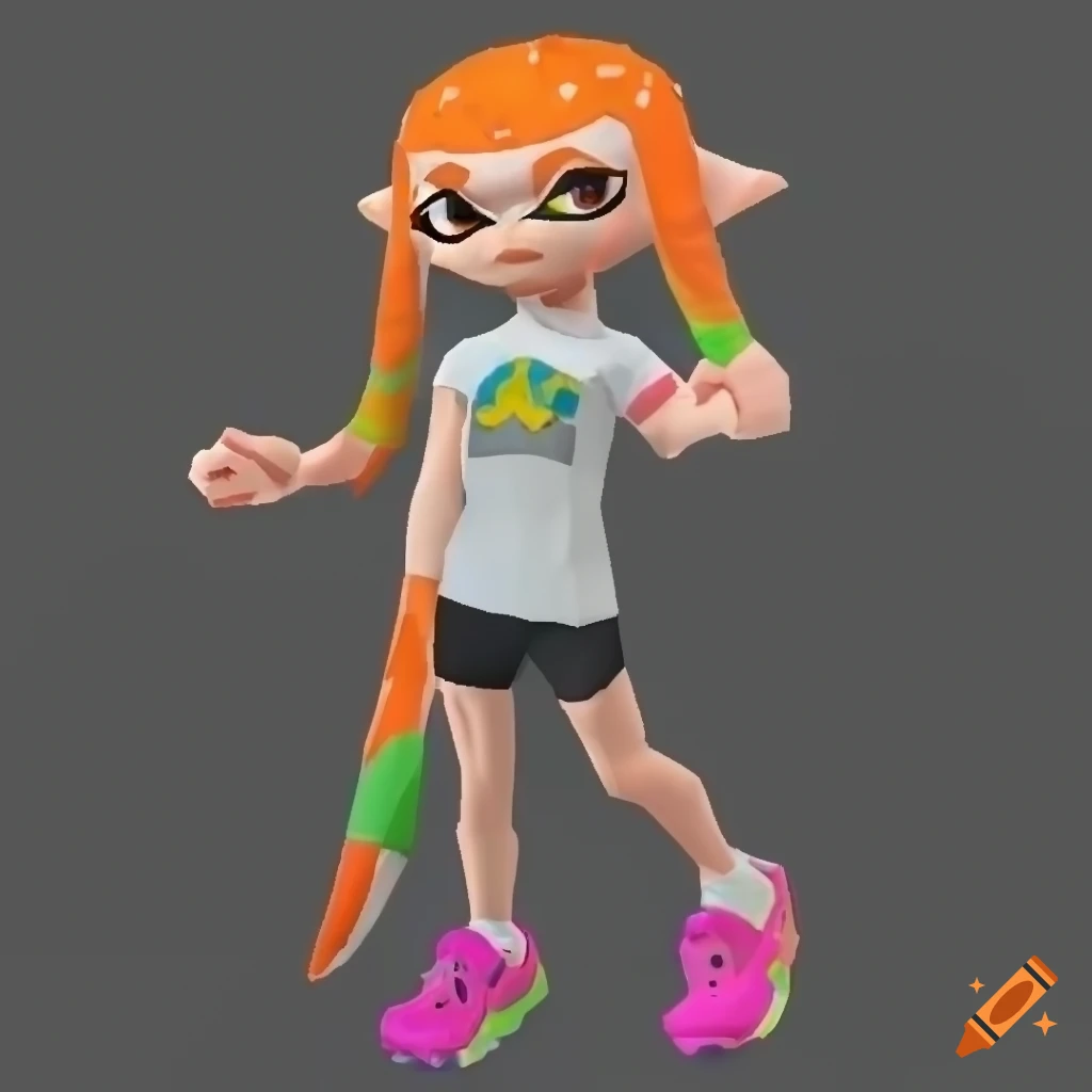 Reference sheet of orange inkling girl in nintendo 64 style on Craiyon