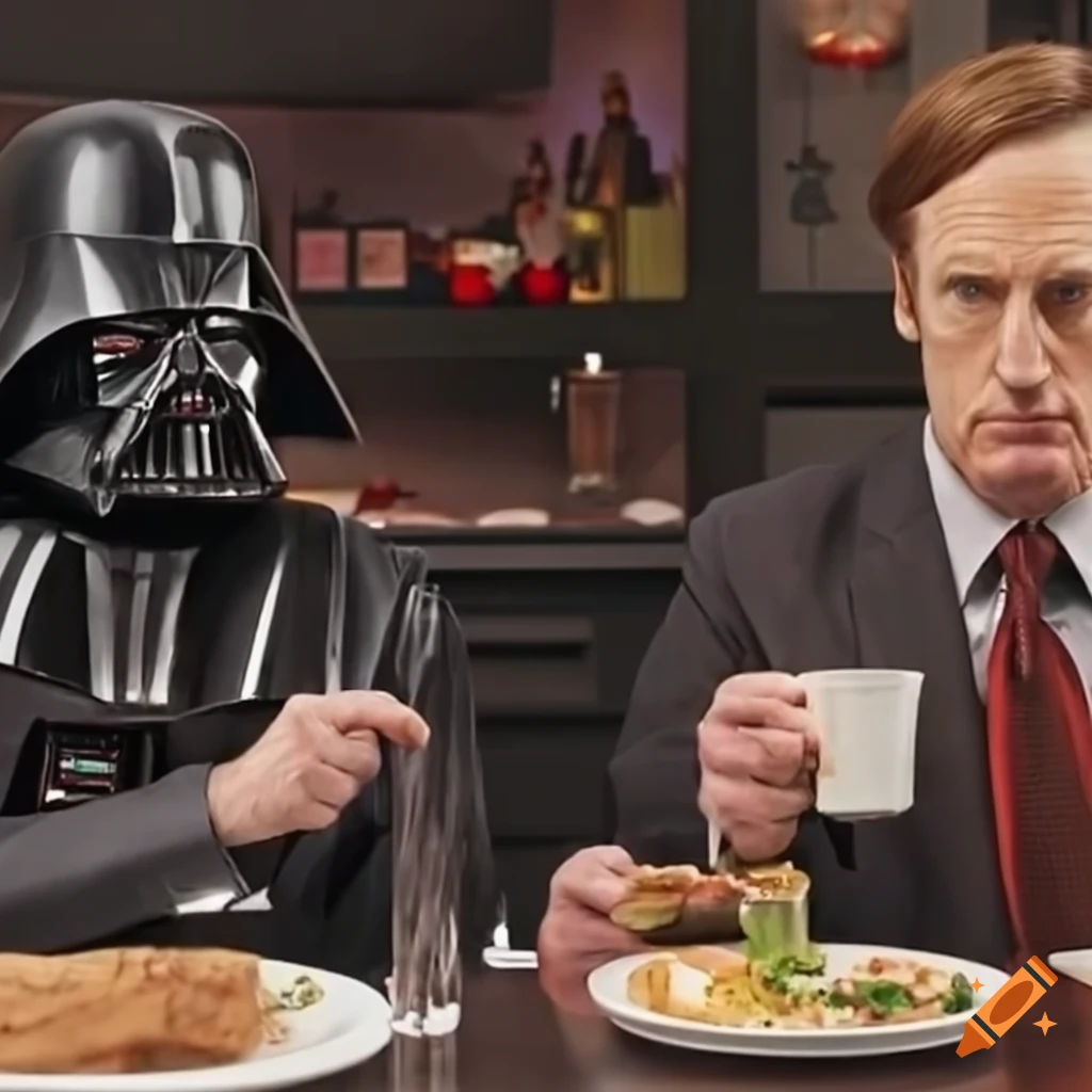 Saul Goodman and Darth Vader sharing a meal on Craiyon