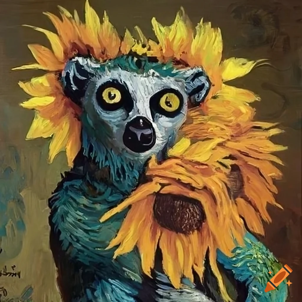 Van gogh painting of a lemur with sunflowers