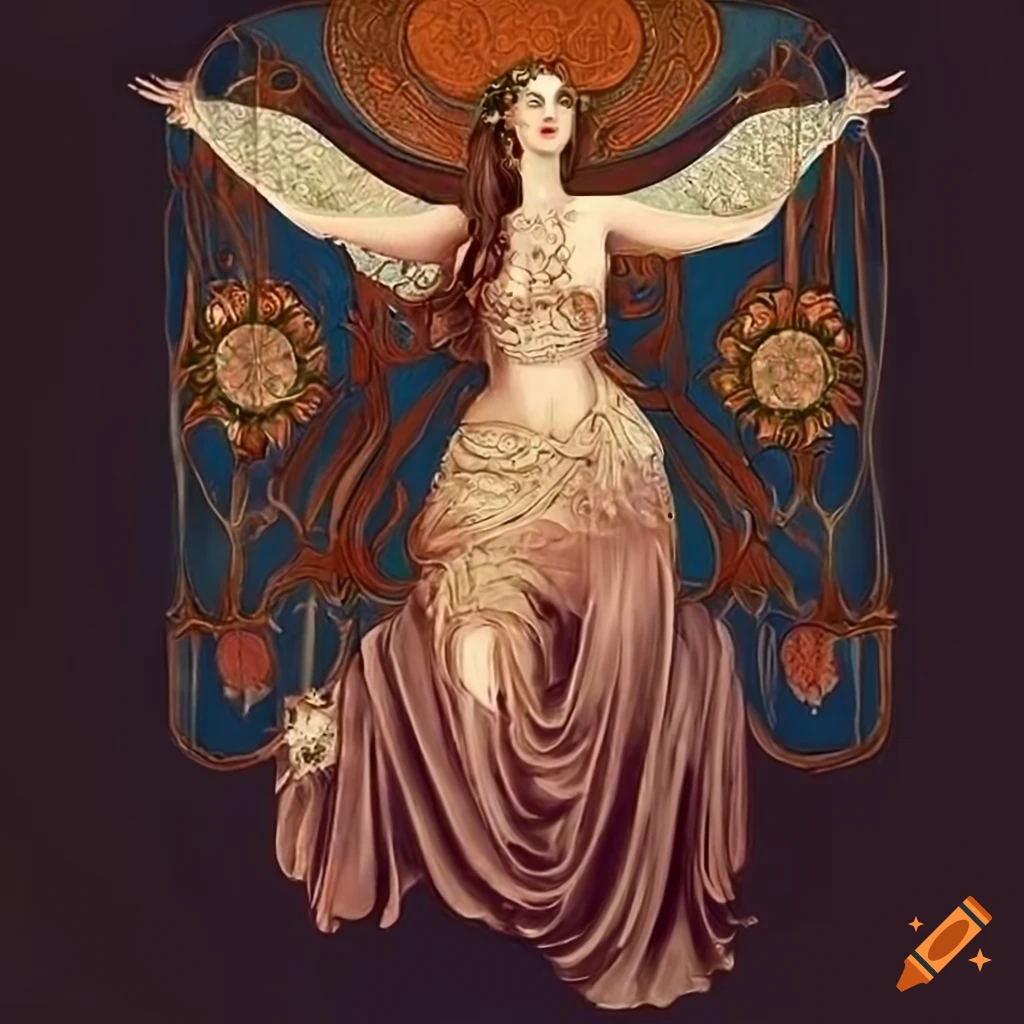 Art nouveau composition of two goddesses holding a bird and surrounded by blooming roses on Craiyon