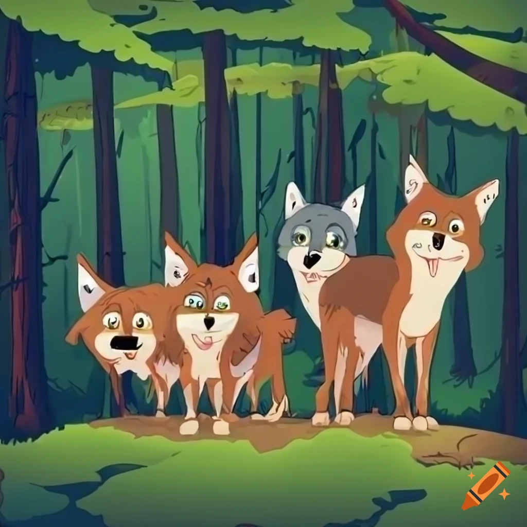 Cartoon illustration of three wolves in the forest