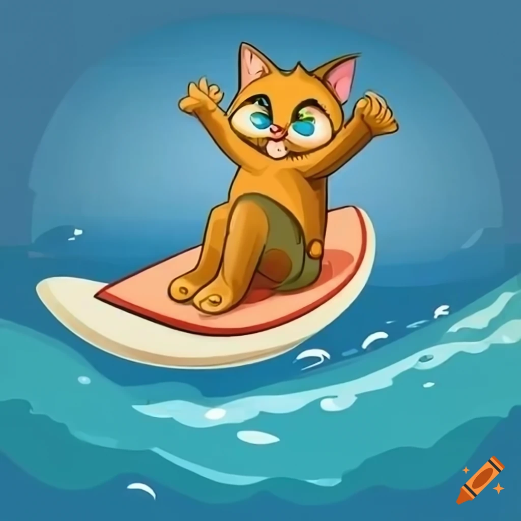 Cartoon art of a cat surfing on ocean waves on Craiyon