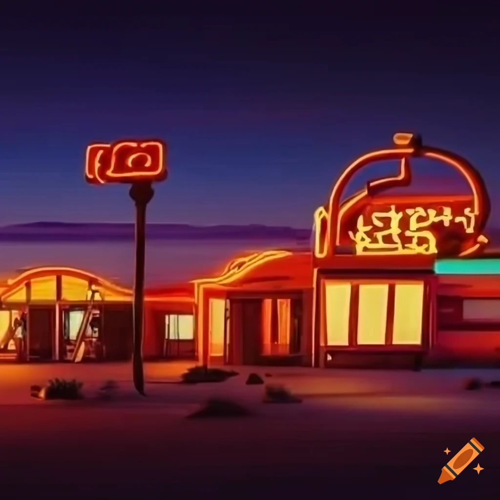 Neon sign shining outside a desert motel on Craiyon
