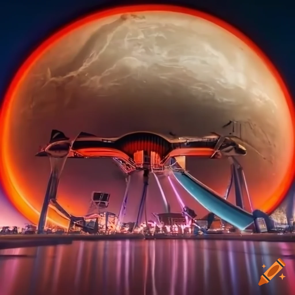 Spectacular view of a futuristic amusement park on mars