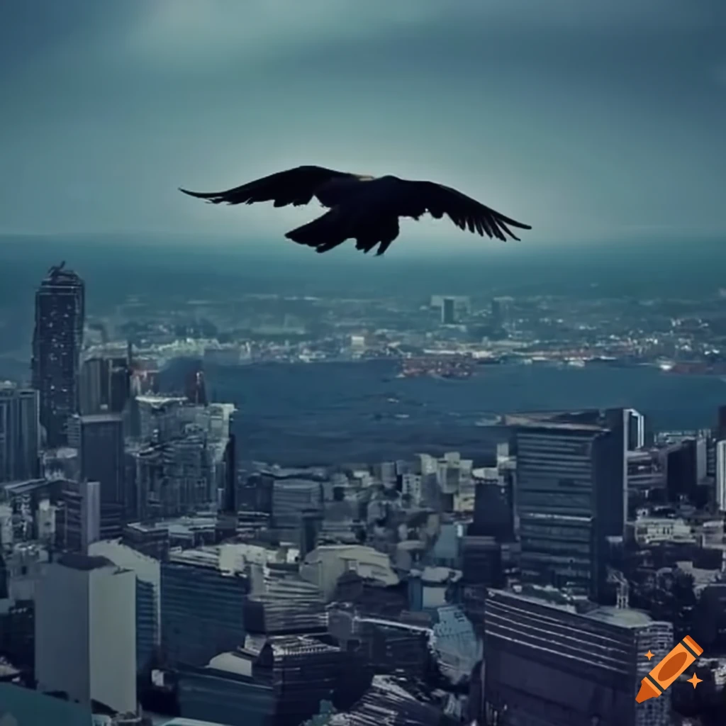 Raven flying over a cityscape
