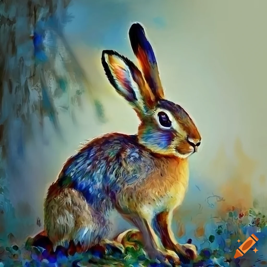 Renaissance style painting of a fairytale hare in winter landscape on ...