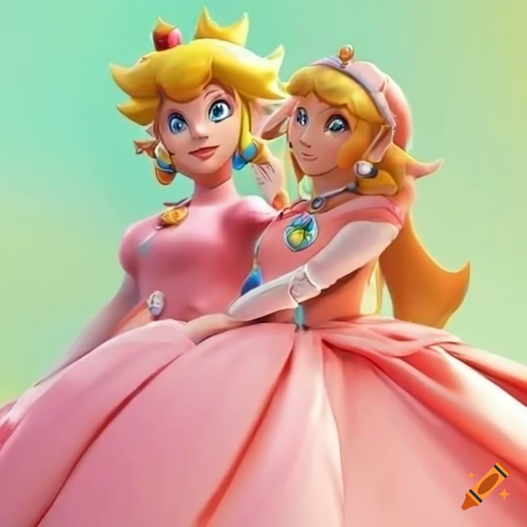 Princess peach and link posing in pink ballgowns on Craiyon