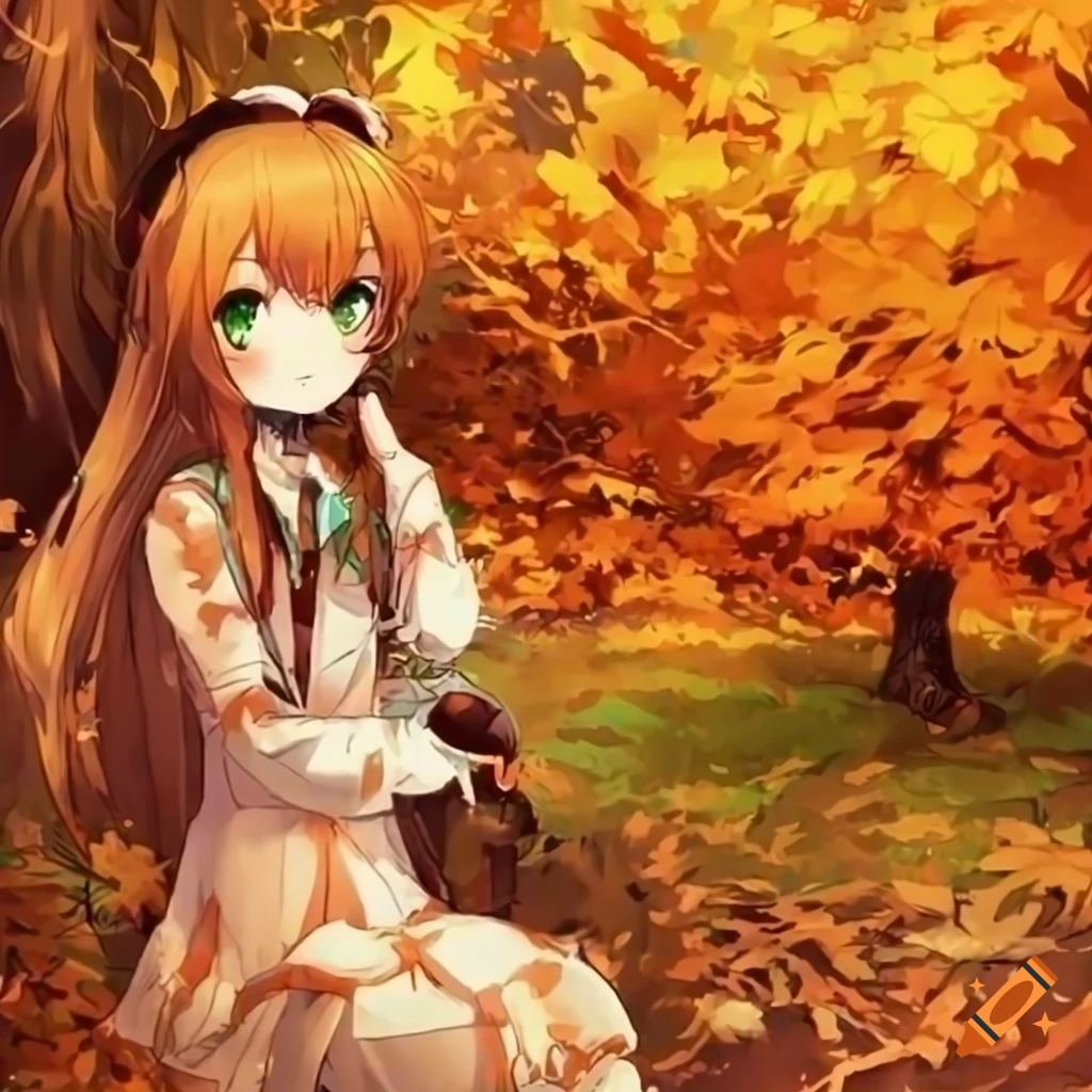 Anime girl in colorful outfit with autumnal background on Craiyon