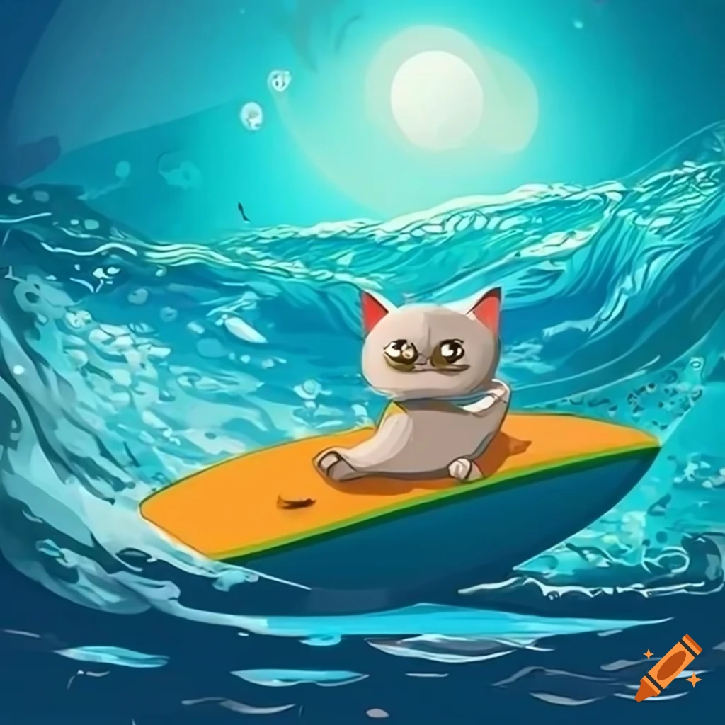 Cartoon cat surfing the waves on Craiyon