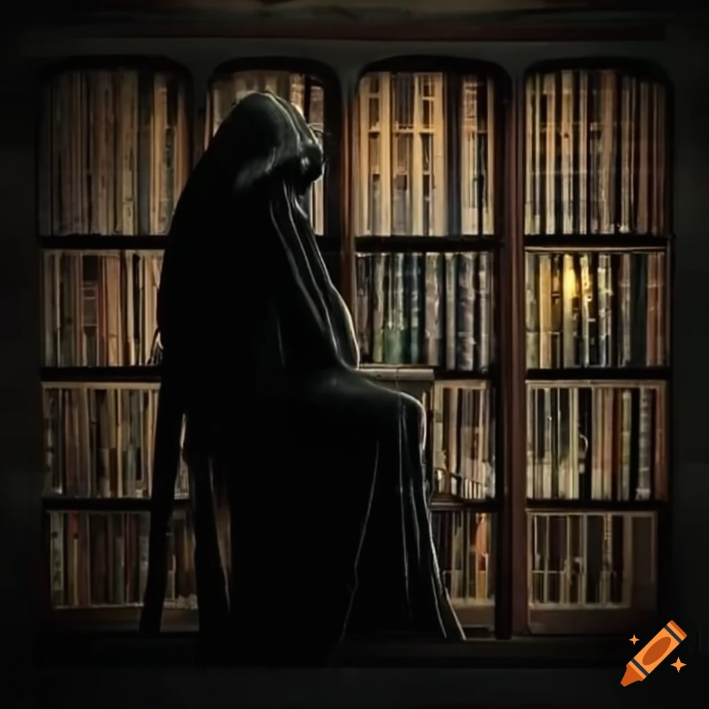 Eerie comic book library with mysterious figures on Craiyon