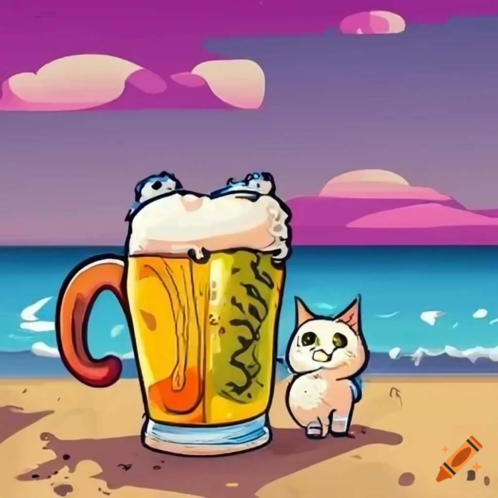 Cartoon art of a cat enjoying a beer at the beach