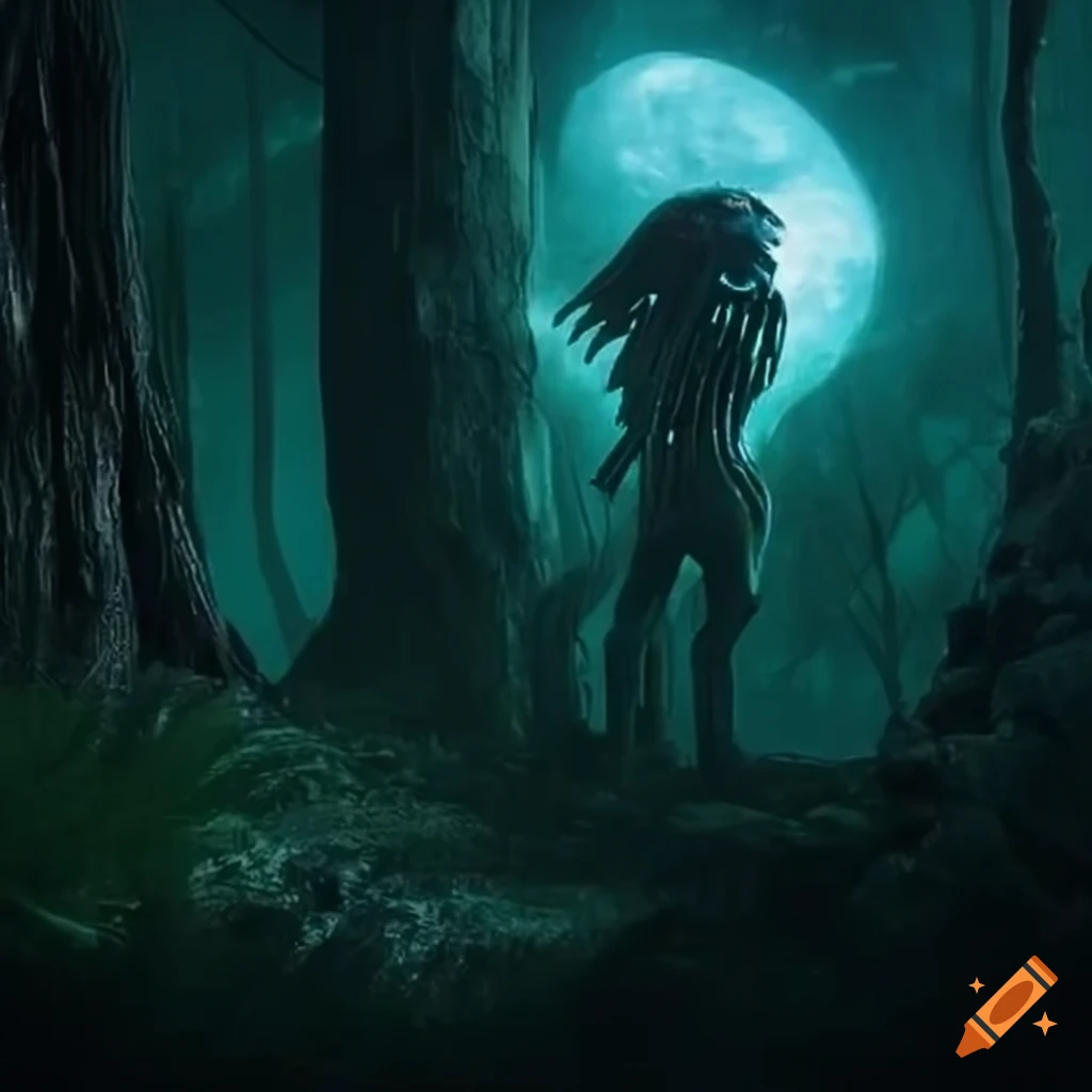 Image of a predator in an alien forest at night