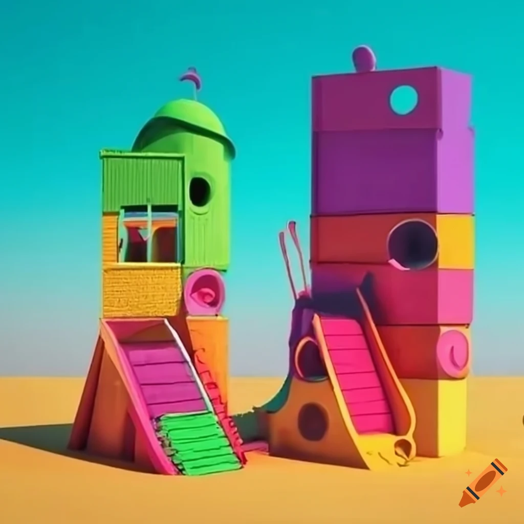 Surreal playground with colorful structures on Craiyon
