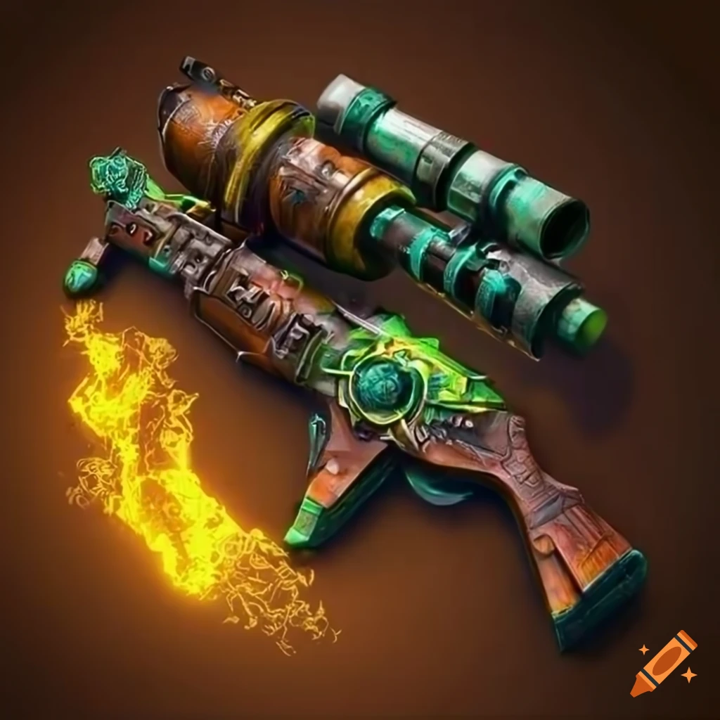 Red, green, and gold steampunk gun on Craiyon