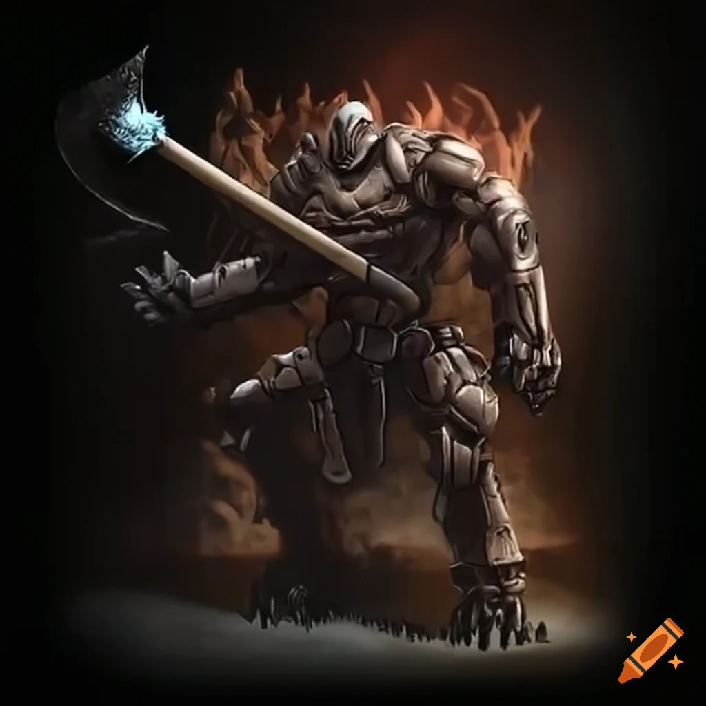 Giant robot wielding an axe in a battle