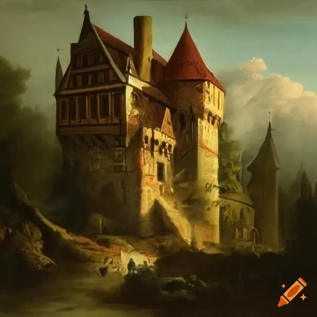 Medieval city on a cliff divided by a suspension bridge in an oil ...