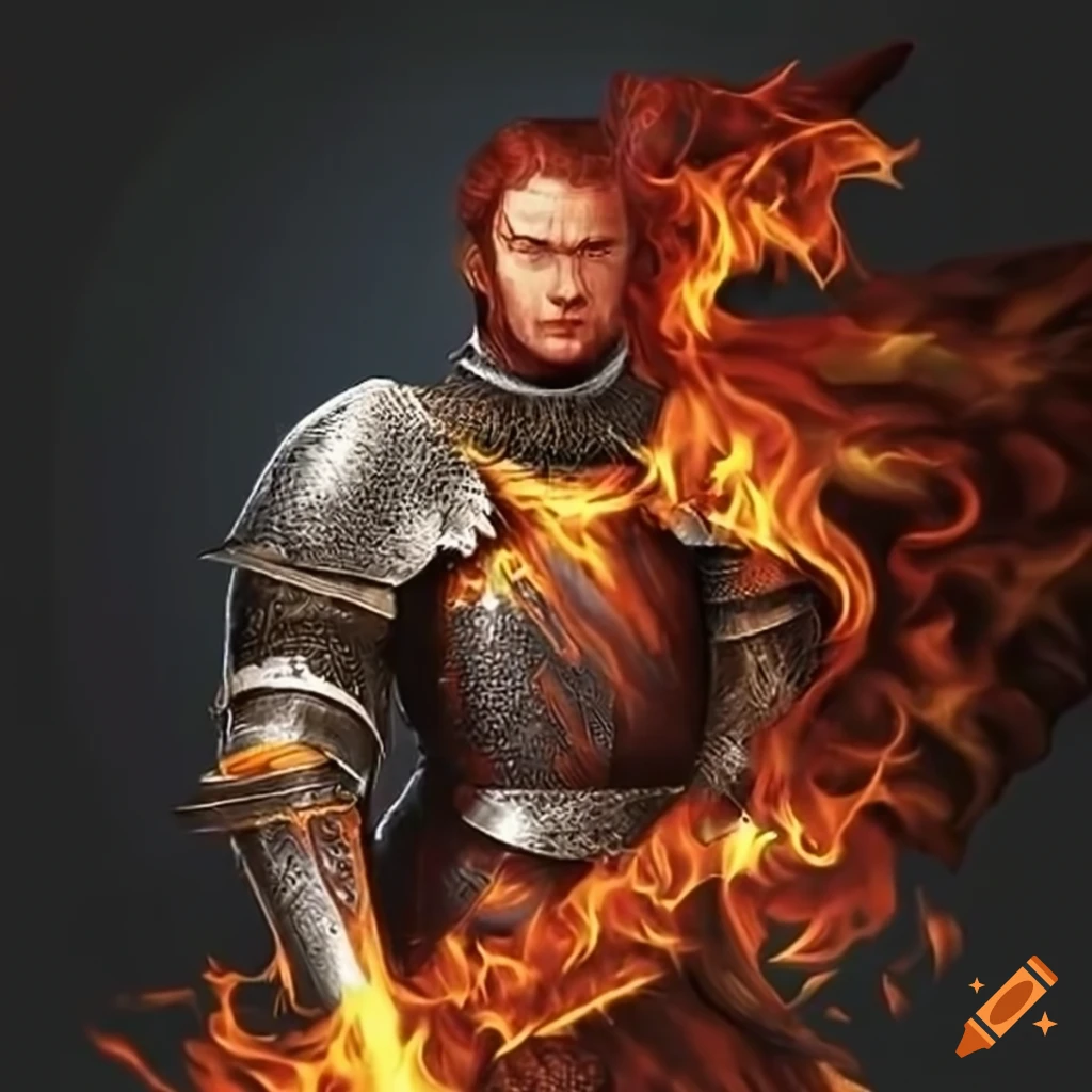 Artwork of a knight wielding a flaming sword