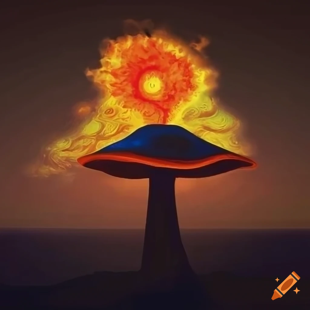 Silhouette of mushroom explosion over cliffs and alien landscapes on ...