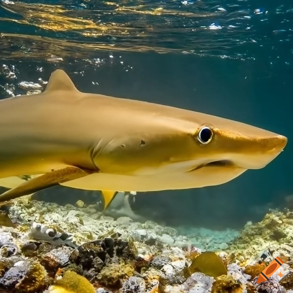 Golden shark underwater with hyper realistic gold details on Craiyon