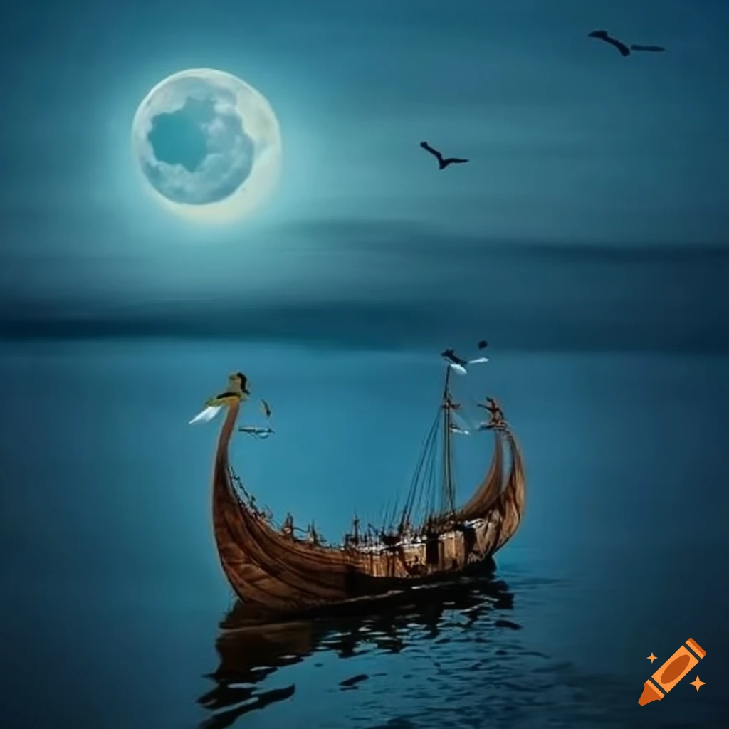 Dreamlike image of a viking ship sailing under the moonlight on Craiyon