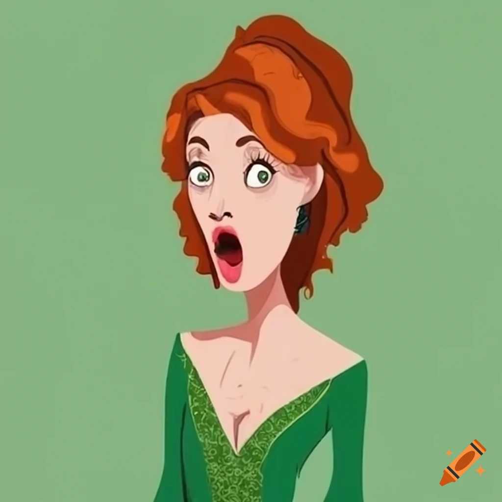 Redheaded Woman In Medieval Green Dress With A Shocked Expression On