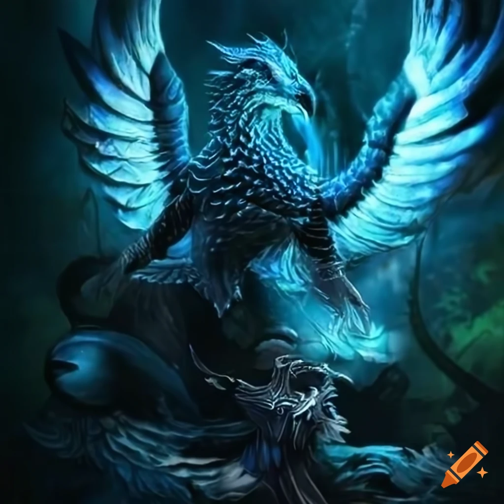 Digital art of a blue dragon-eagle shaman