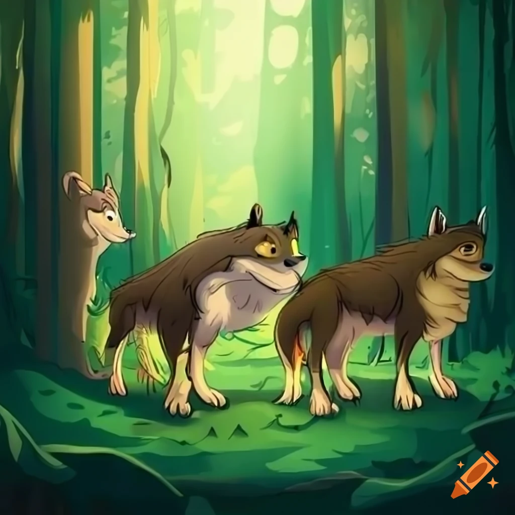 Three wolves in the forest cartoon image