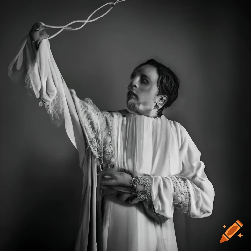 Black and white image of a man holding a white string in medieval ...