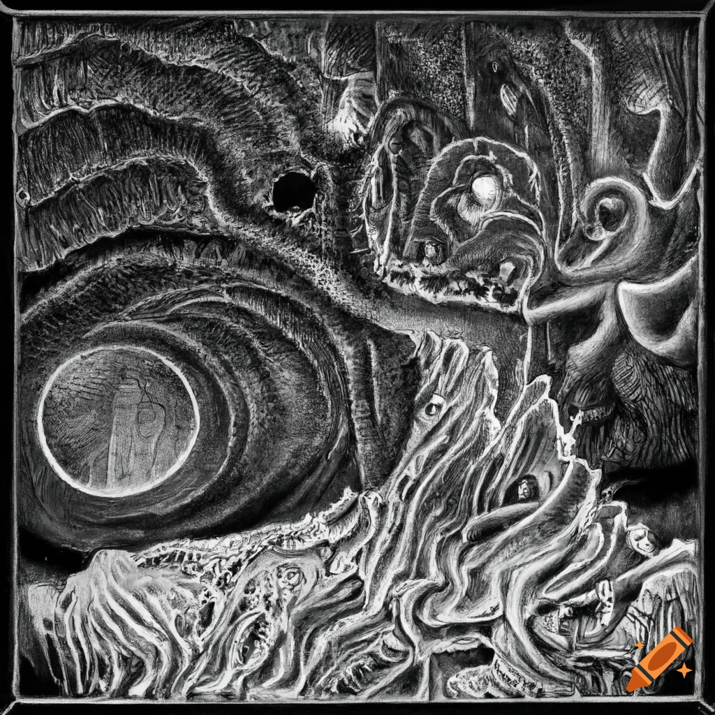 Surrealistic gray-scale drawing of a poem interpretation