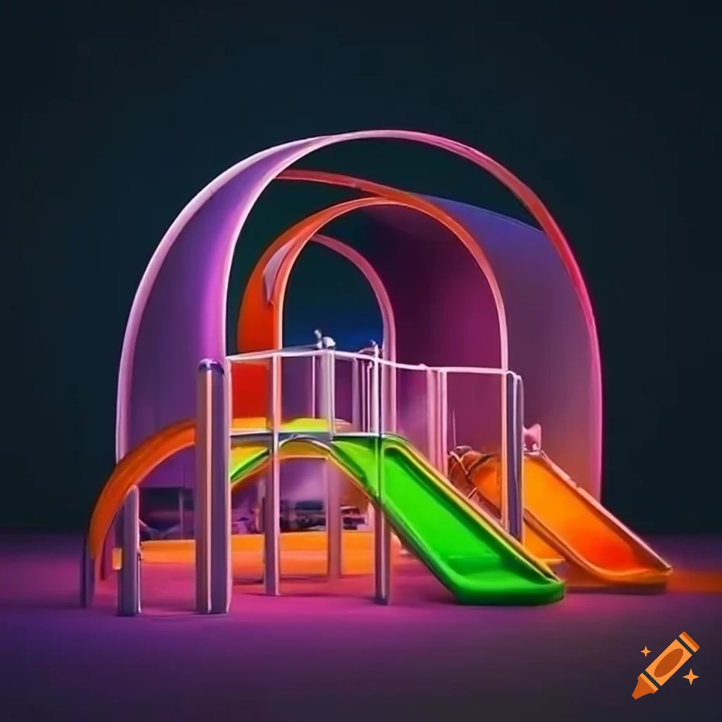 Surrealist playground with colorful glass structures